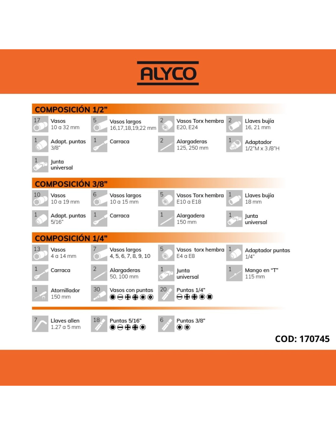 Juego Llaves de Vaso de 1/2", 1/4" y 3/8" - 171 Piezas Alyco 170745